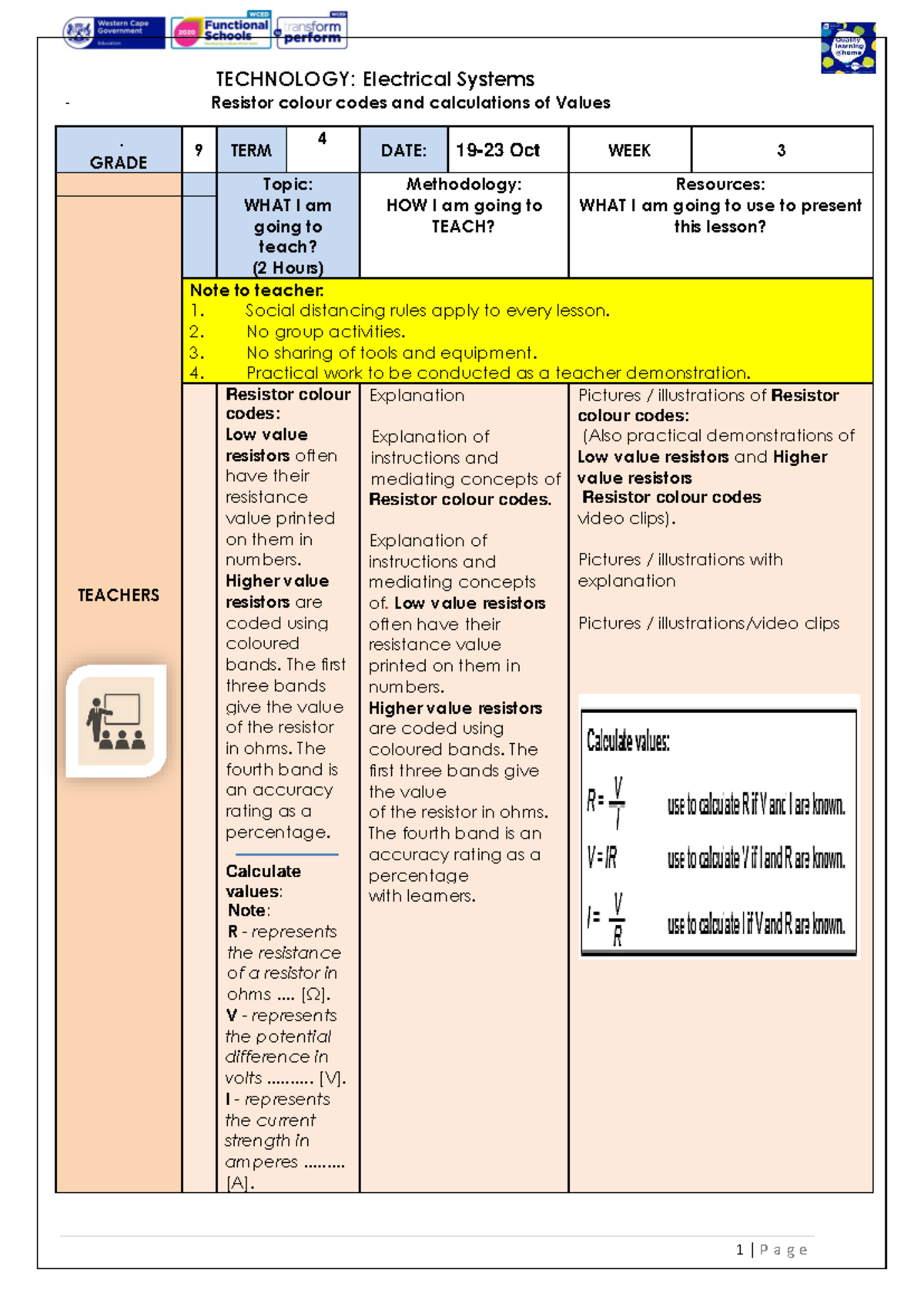 Lesson Plan Gr 9 Technology T4 W3: Resistor Colour Codes & Calculations - Studocu
