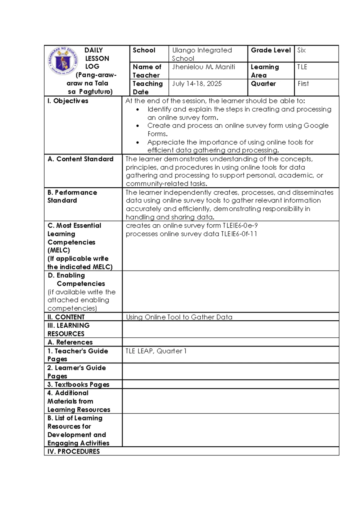 TLE 6 Daily Lesson Log: Entrepreneurship & Crafting Activities - Studocu