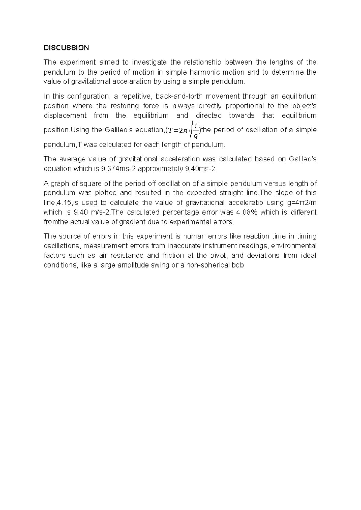 Physics LAB Report EXP 5: Pendulum Motion & Gravitational Acceleration Analysis - Studocu