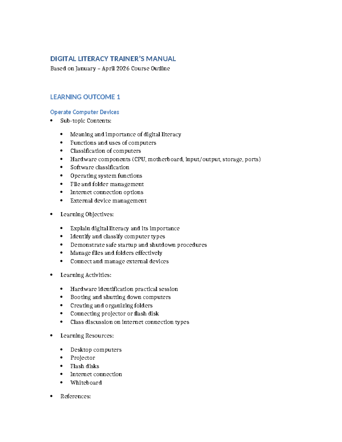 DIGITAL LITERACY TRAINER MANUAL (2026) - Course Outline & Activities ...