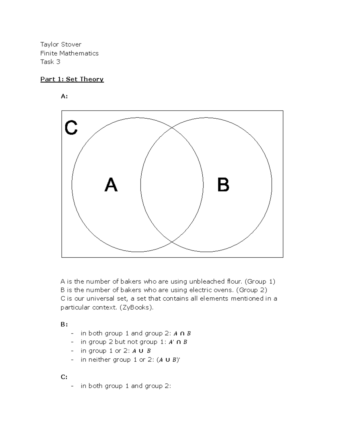 Finite Math Task 3 - Google Docs - Taylor Stover Finite Mathematics Task 3 Part 1: Set Theory A ...