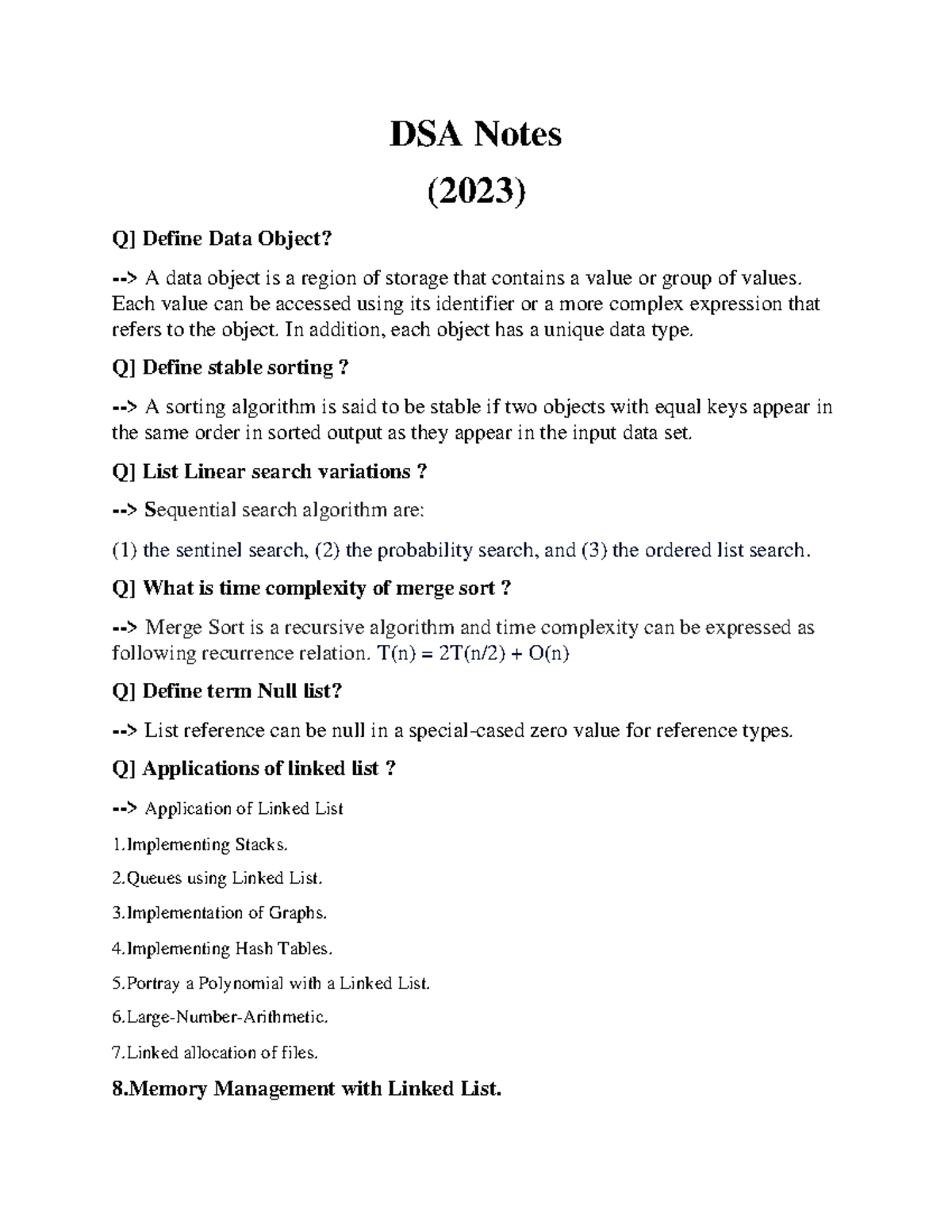 DSA (Data Structures & Algorithms) Solved Answers - Important Notes ...