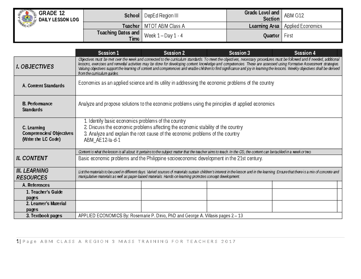 GRADE 12 ABM DAILY LESSON LOG: WEEK 1 - APPLIED ECONOMICS - Studocu