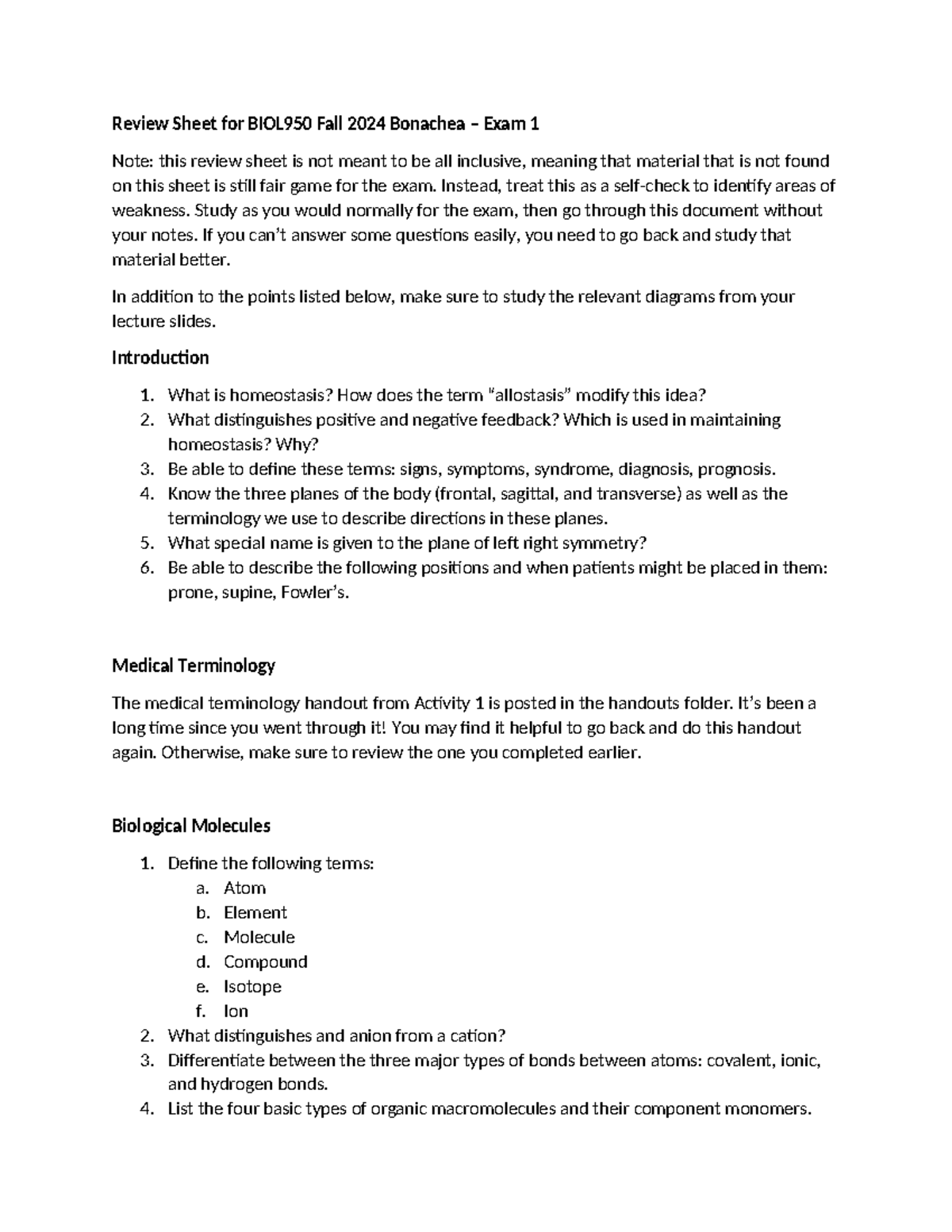 BIOL950 Fall 2024: Exam 1 Review Sheet & Study Guide - Studocu