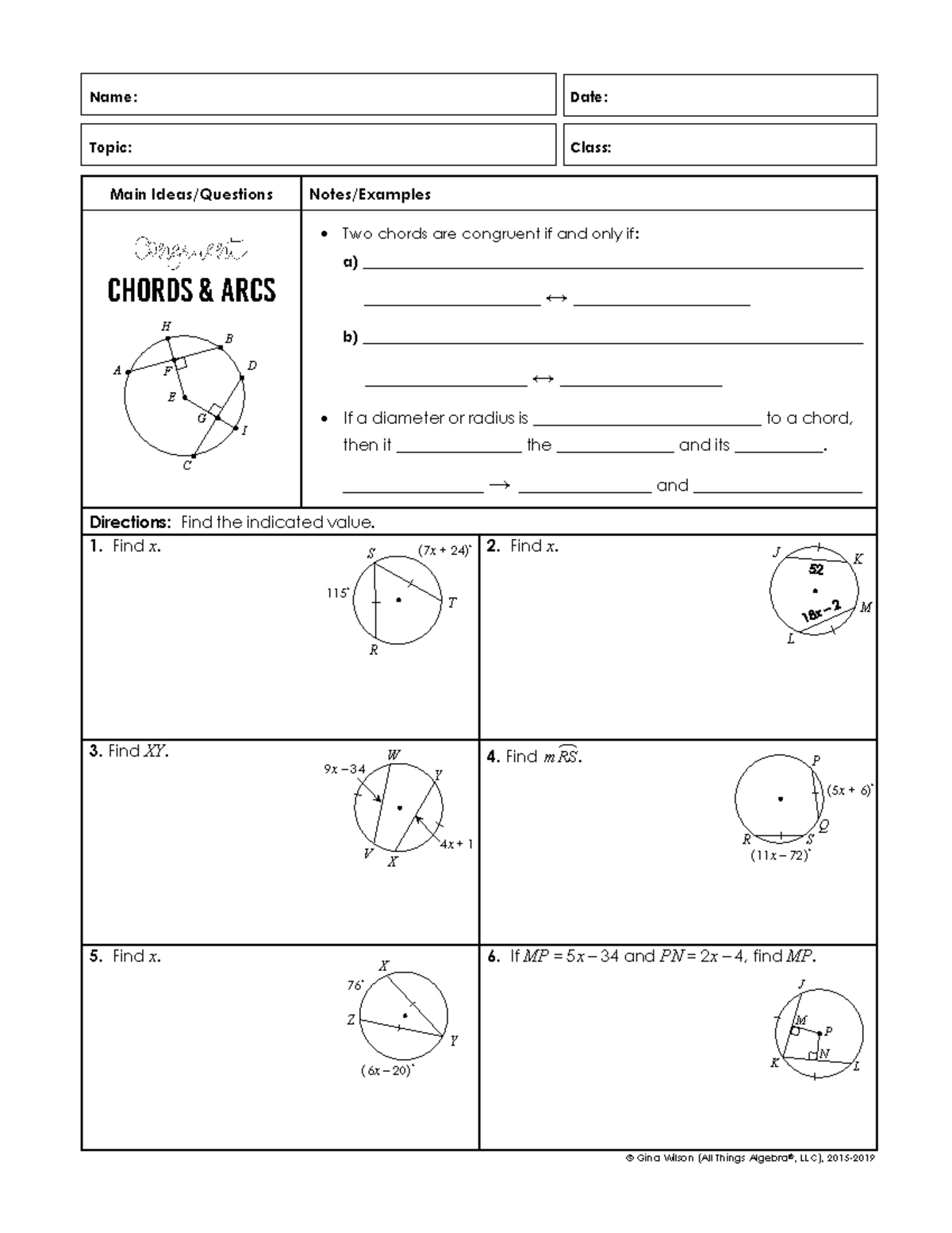 Congruent Chords & Arc - mathhh - Main Ideas/Questions Notes/Examples ...