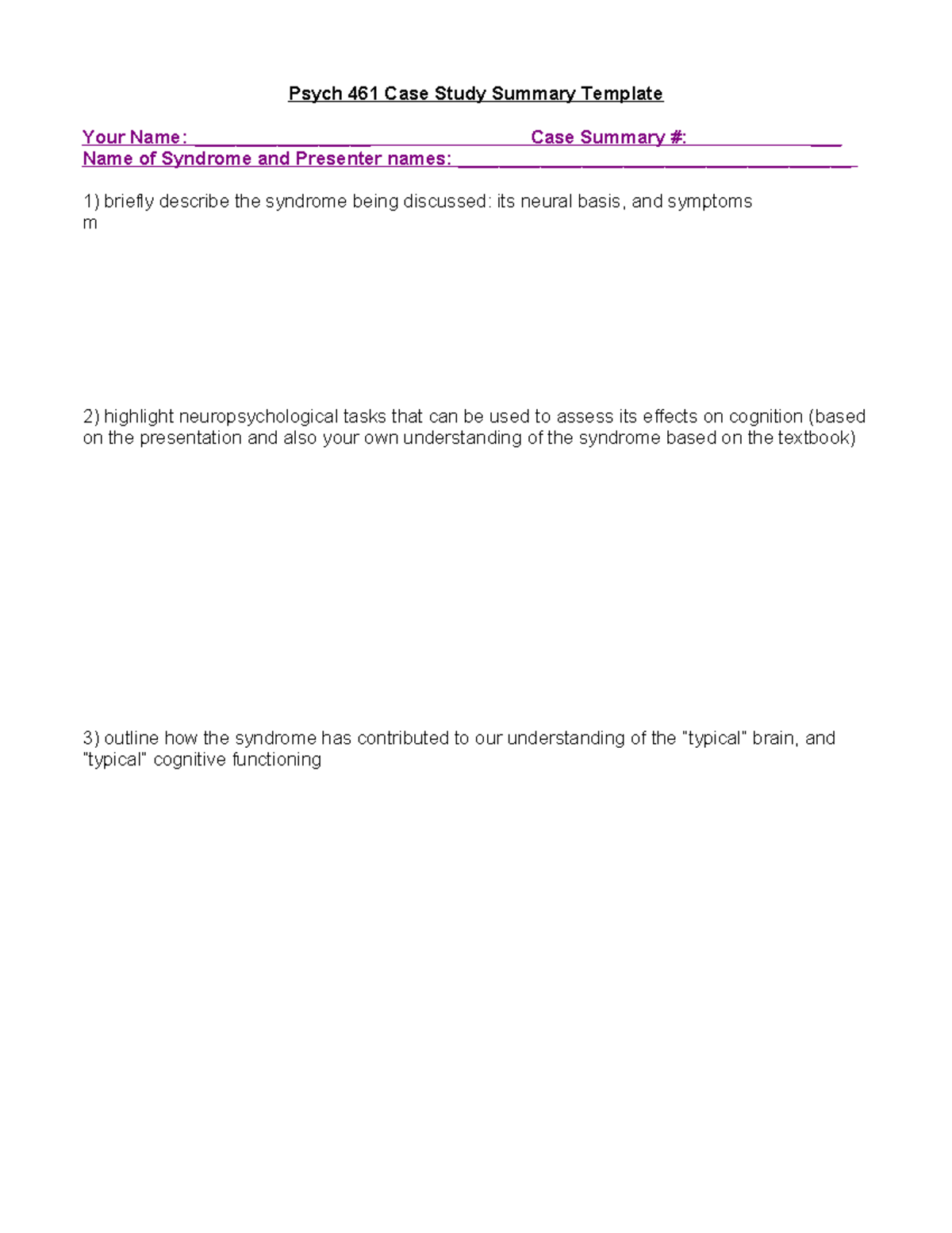 Case Study Summary Template Psych 461 Fall 2025 - Psych 461 Case Study ...