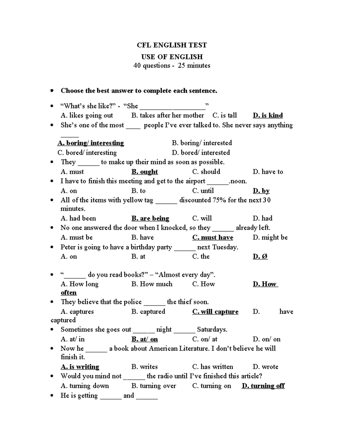 CFL ENGLISH TEST: USE OF ENGLISH - WORD FORMS (40 Qs) - Studocu