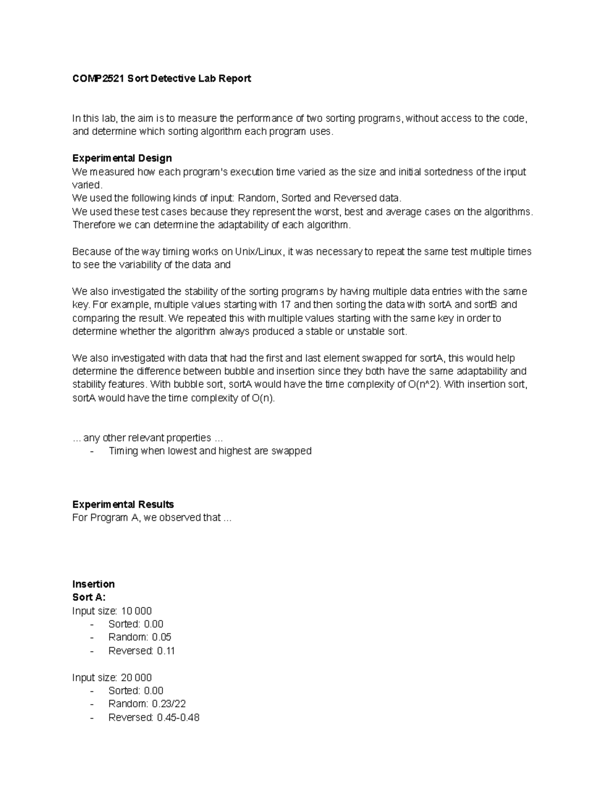 COMP2521 Lab Report: Analyzing Sorting Algorithms Performance - Studocu