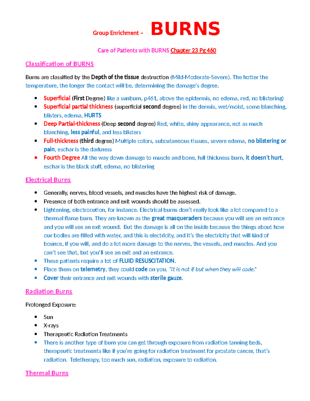 Care of Patients with BURNS - Group Enrichment Notes (Chapter 23) - Studocu