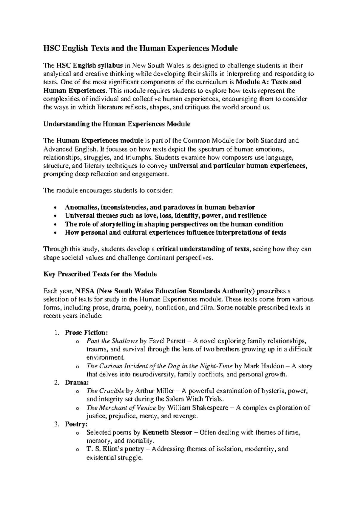 HSC English Texts and the Human Experiences Module - One of the most ...