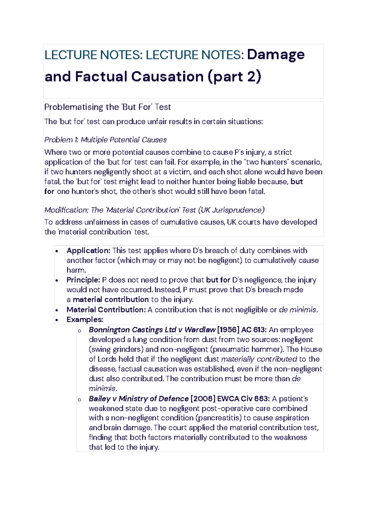 LECTURE NOTES: Damage and Factual Causation (Part 2) Analysis - Studocu
