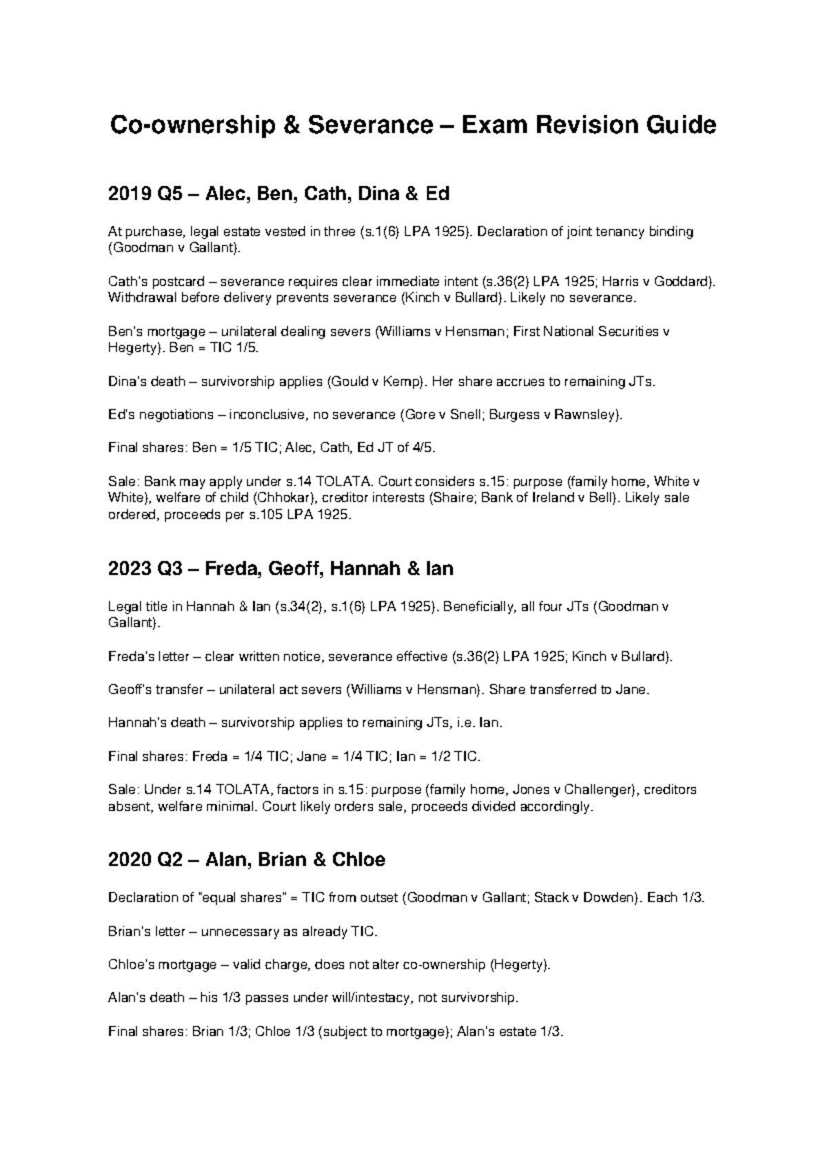 Coownership Severance Exam Revision Guide 2019-2023 - Studocu