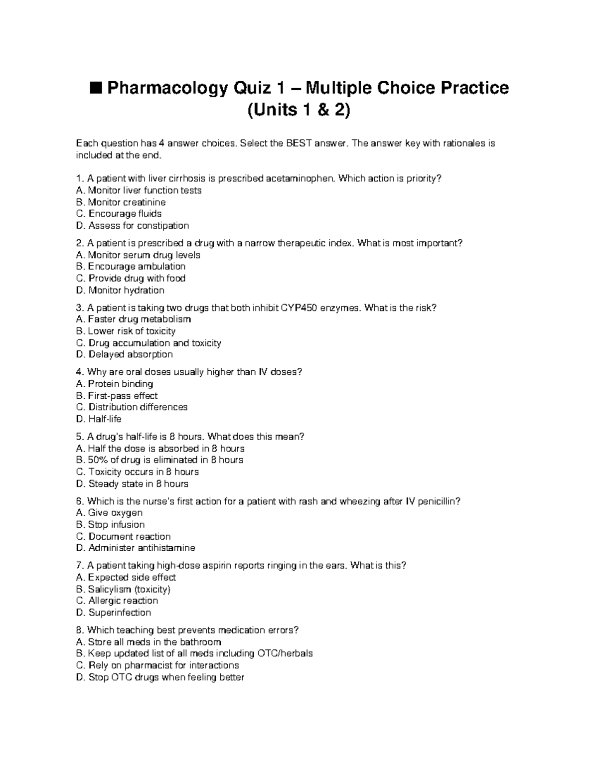 Pharmacology Quiz 1 MCQ Practice (Units 1 & 2) with Answer Key - Studocu
