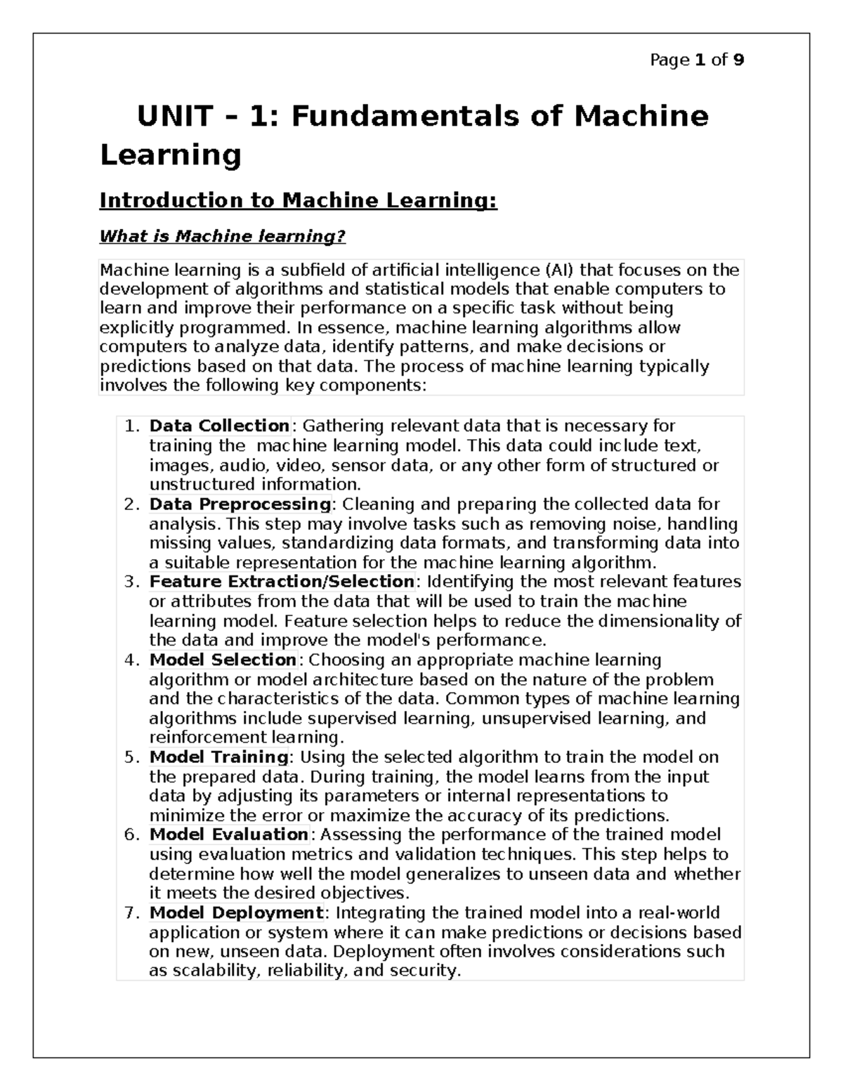 UNIT - 1 ML: Intro to Machine Learning Concepts and Applications - Studocu