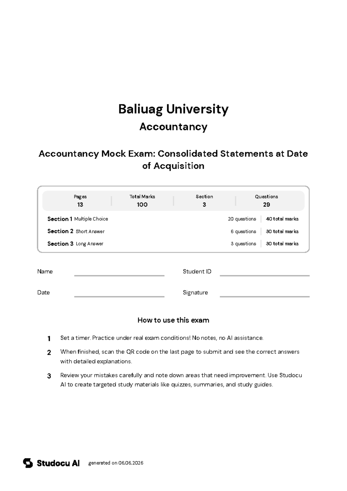 Accountancy Mock Exam: Consolidated Statements - Studocu