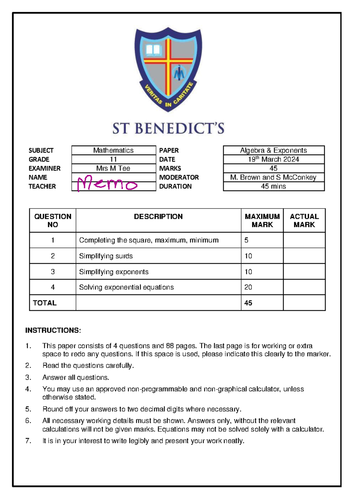 Mathematics 11 Final Exam Memo: Exponents March 2024 - Studocu