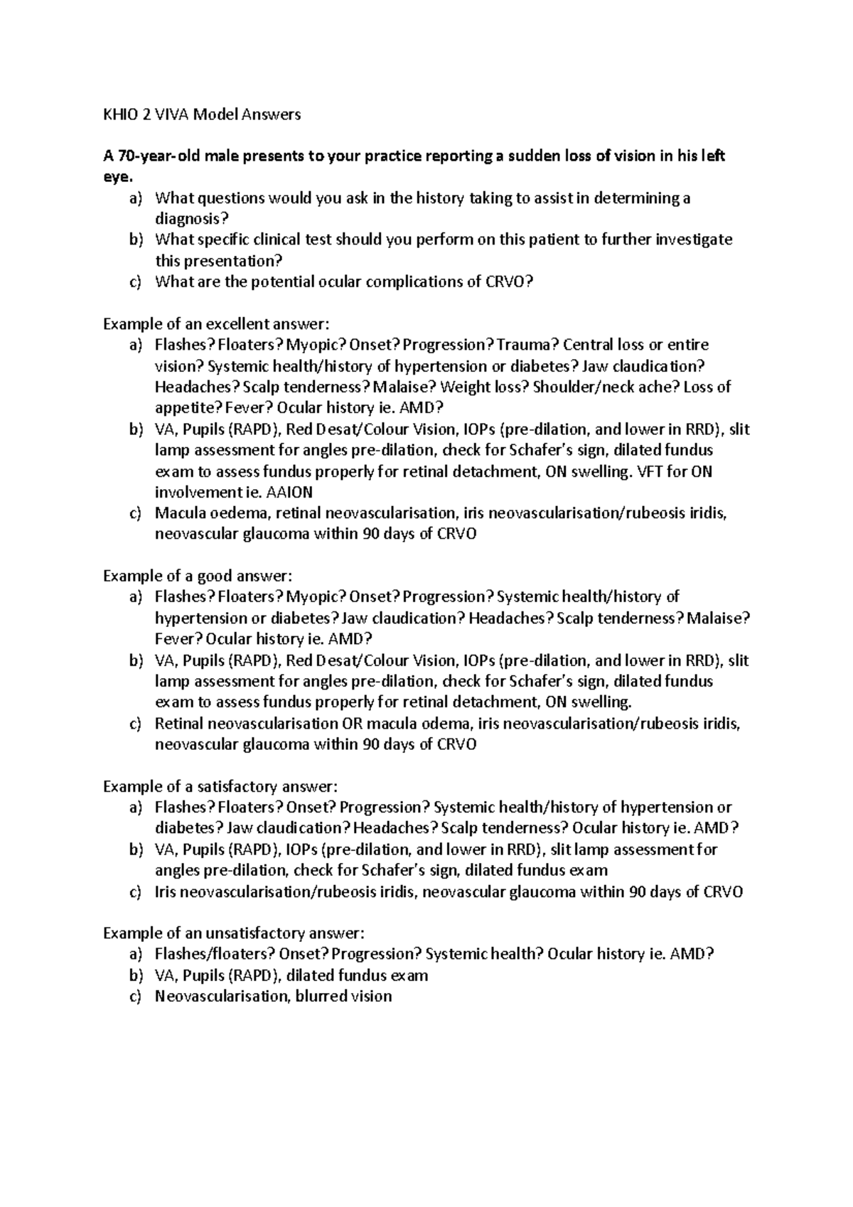 KHIO 2 VIVA Case Study Model Answers and Clinical Assessment Guide ...