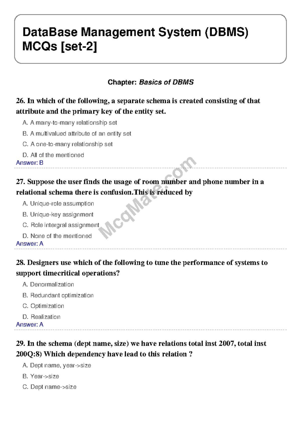 Data Base Management System (DBMS) Solved MCQs [set-2] Mcq Mate.com ...