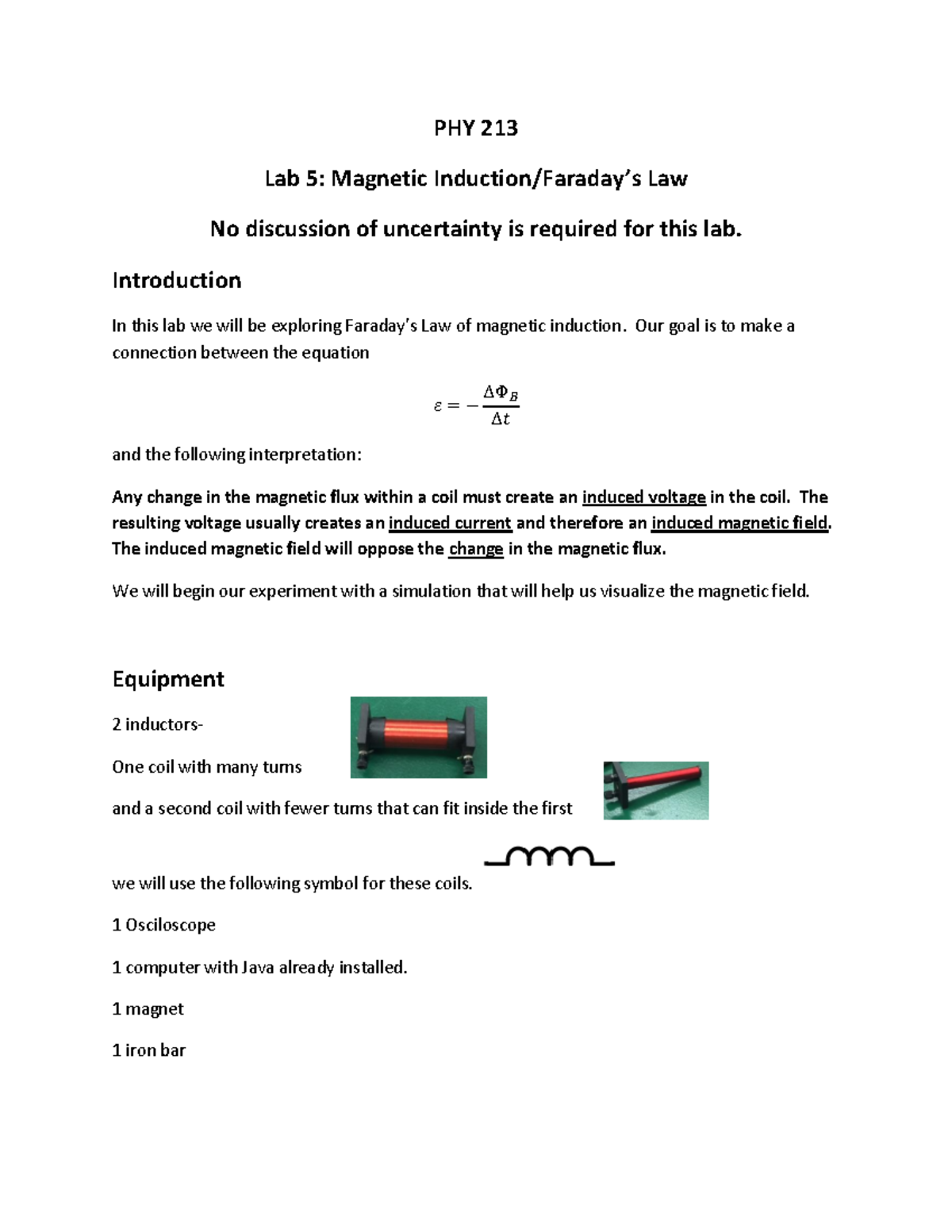 PHY 213 Lab 5: Exploring Magnetic Induction and Voltage Induction - Studocu