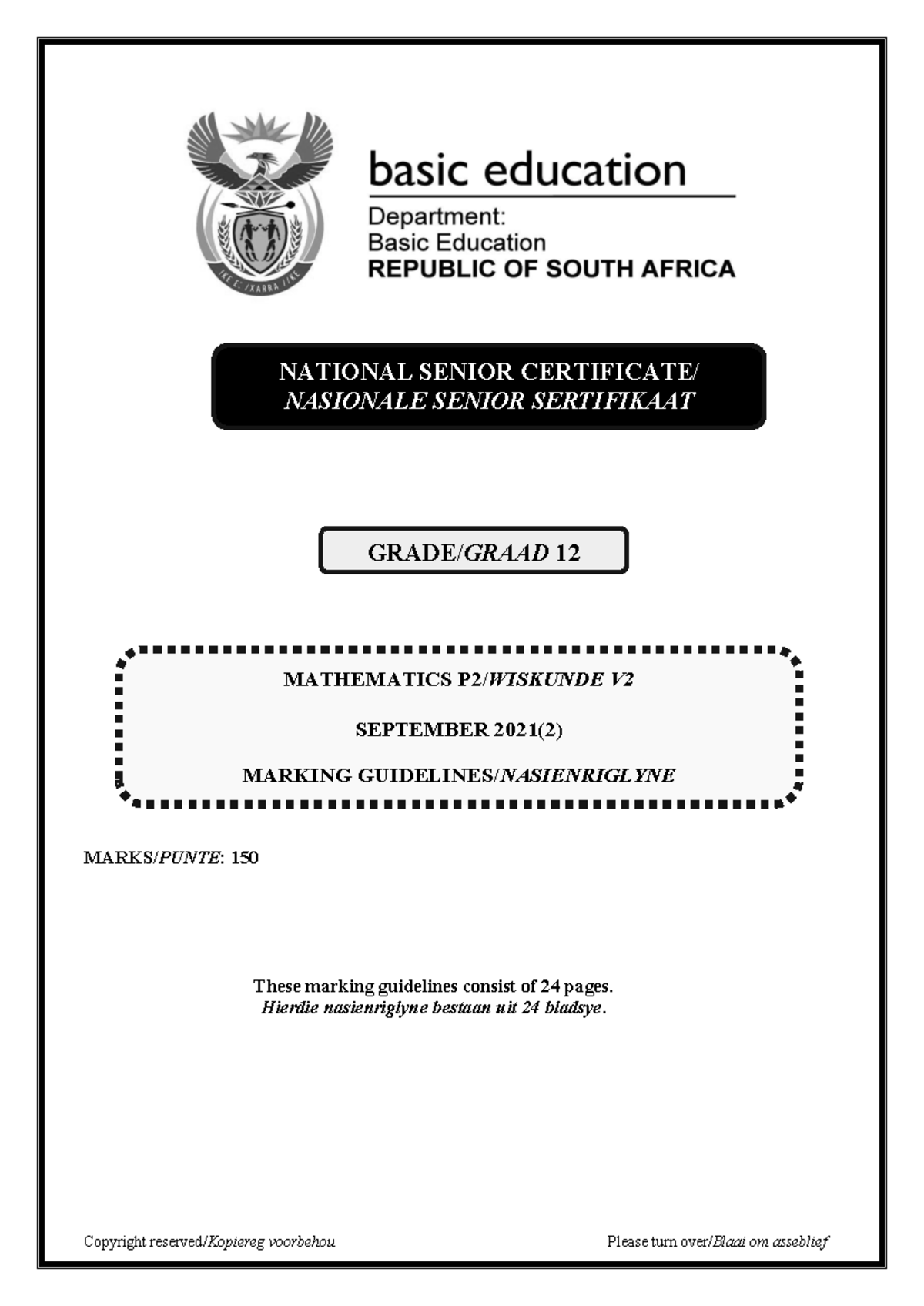 Mathematics V2 September 2021 Marking Guidelines (P2) - Studocu