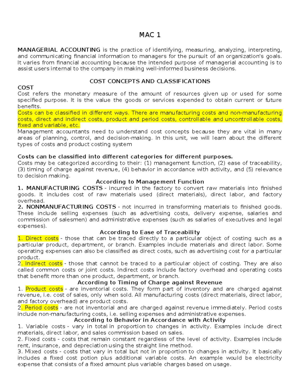 MAC 1 - Managerial Accounting: Cost Concepts & Financial Analysis Notes ...