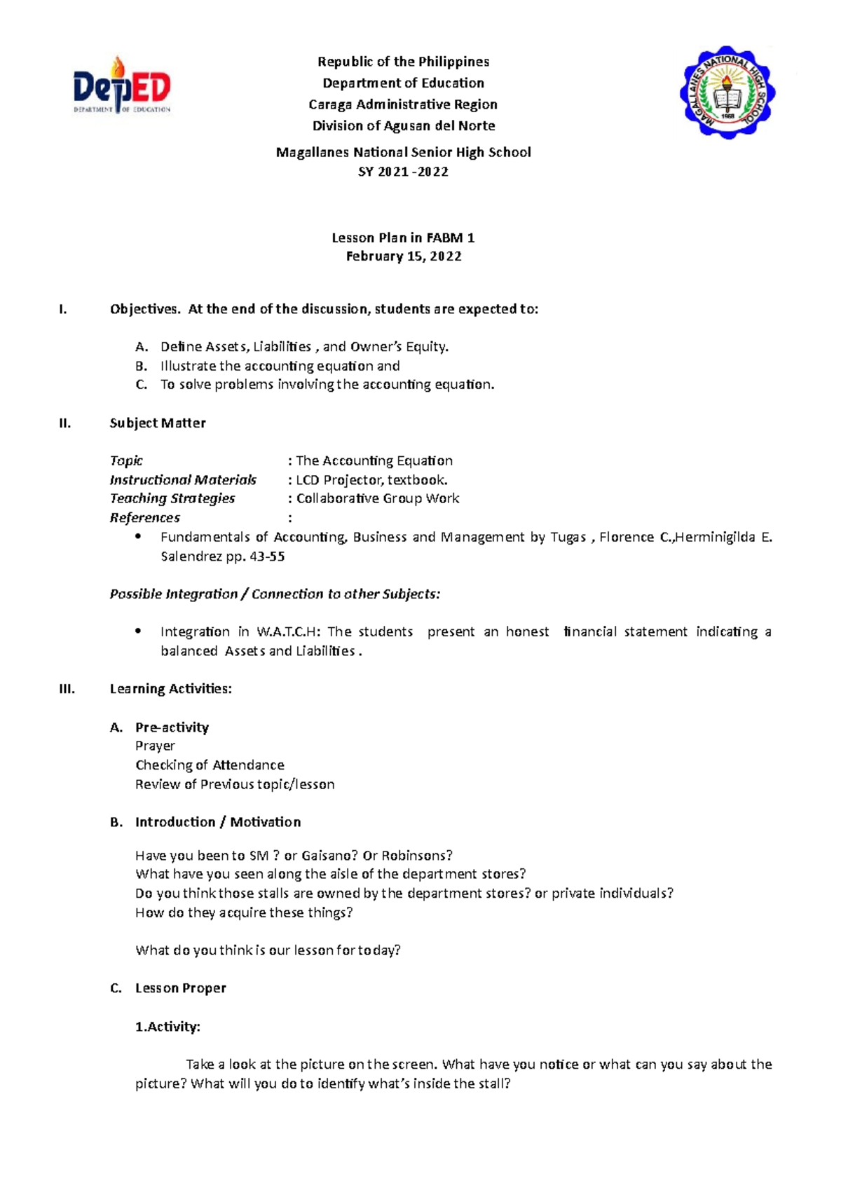 Lesson Plan on Accounting Equation for FABM-1 Course - Studocu