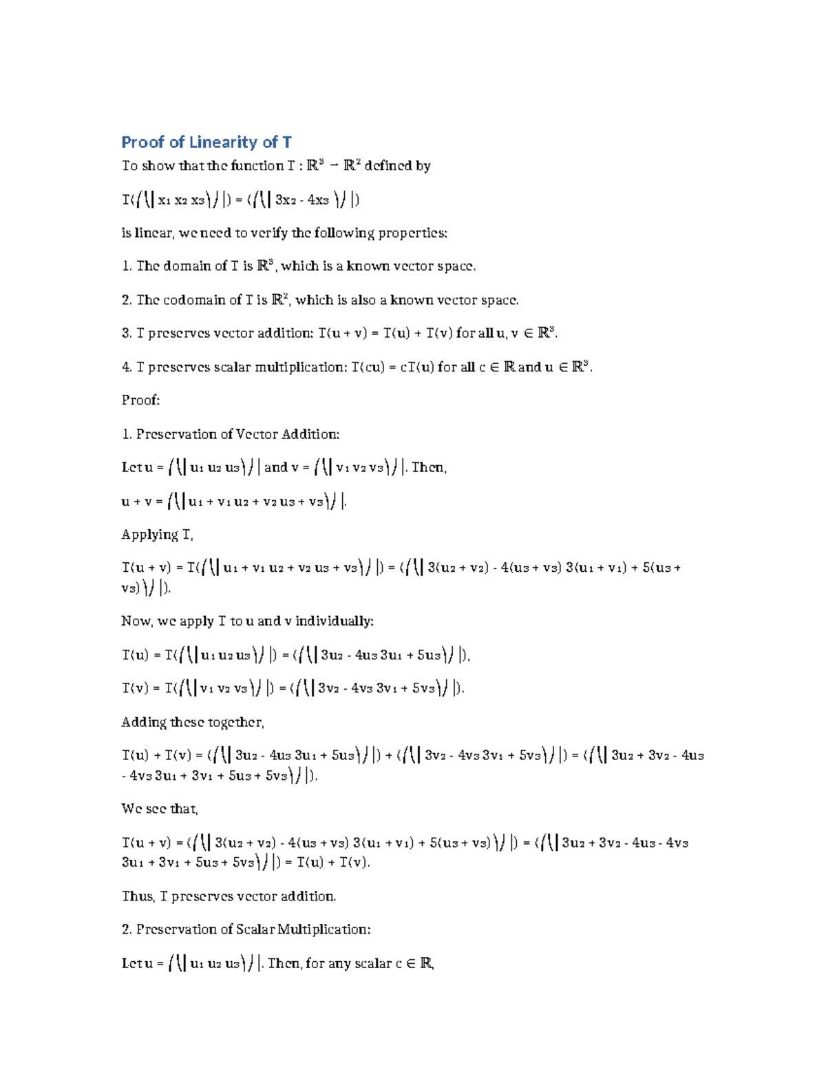 Proof of Linearity of T for ℝ³ to ℝ² Transformations - Studocu