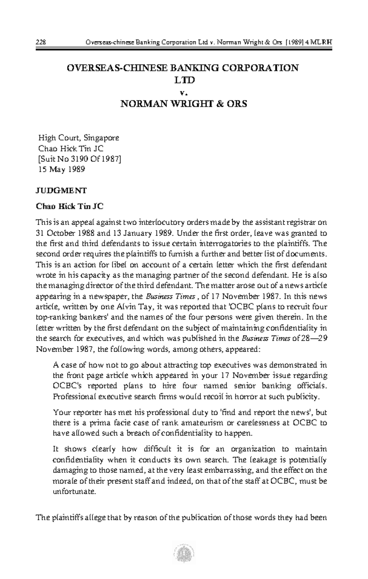 Interrogatories in OCBC v. Norman Wright & Ors [1989] 4 MLRH Case - Studocu