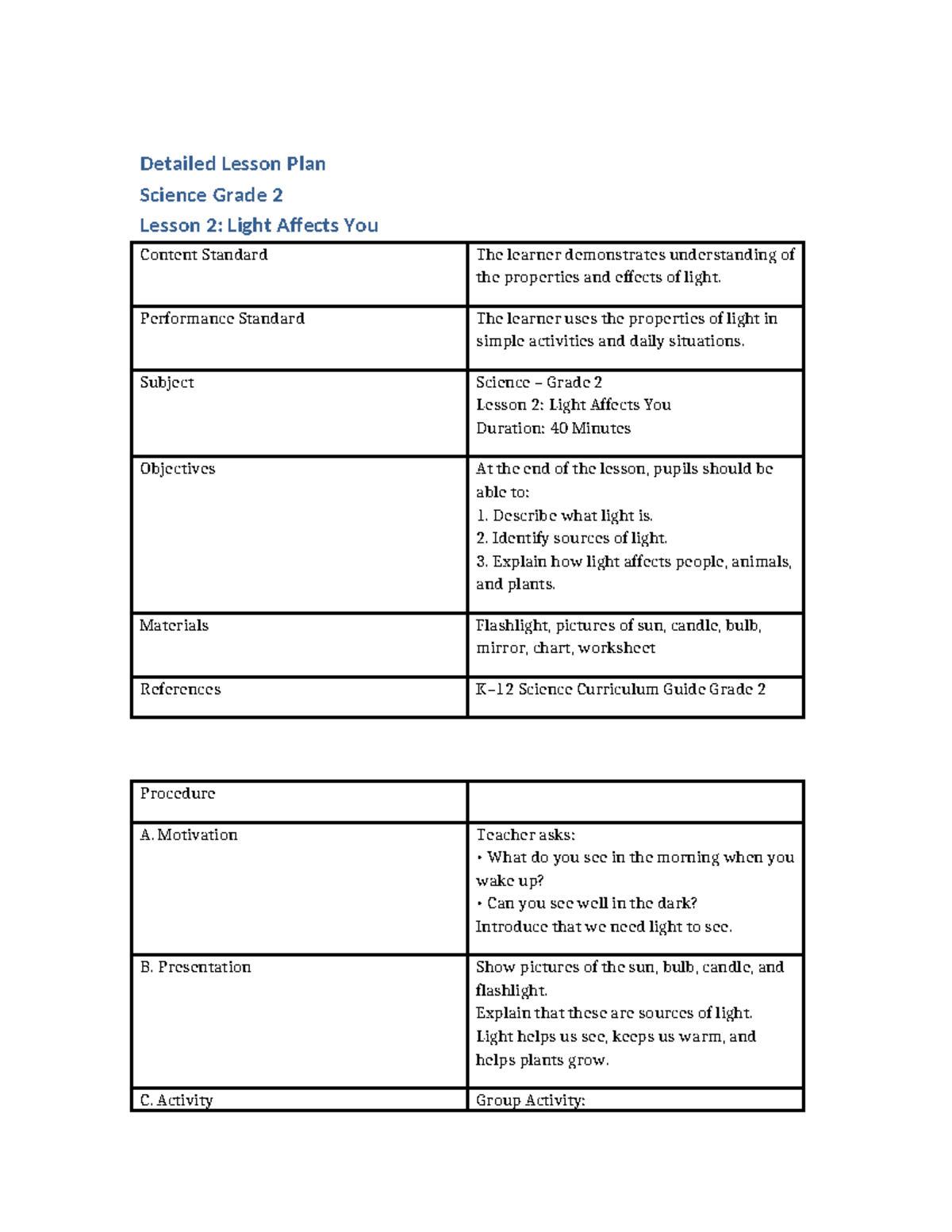 Science Grade 2 Lesson Plan: Light Affects You (Lesson 2) - Studocu
