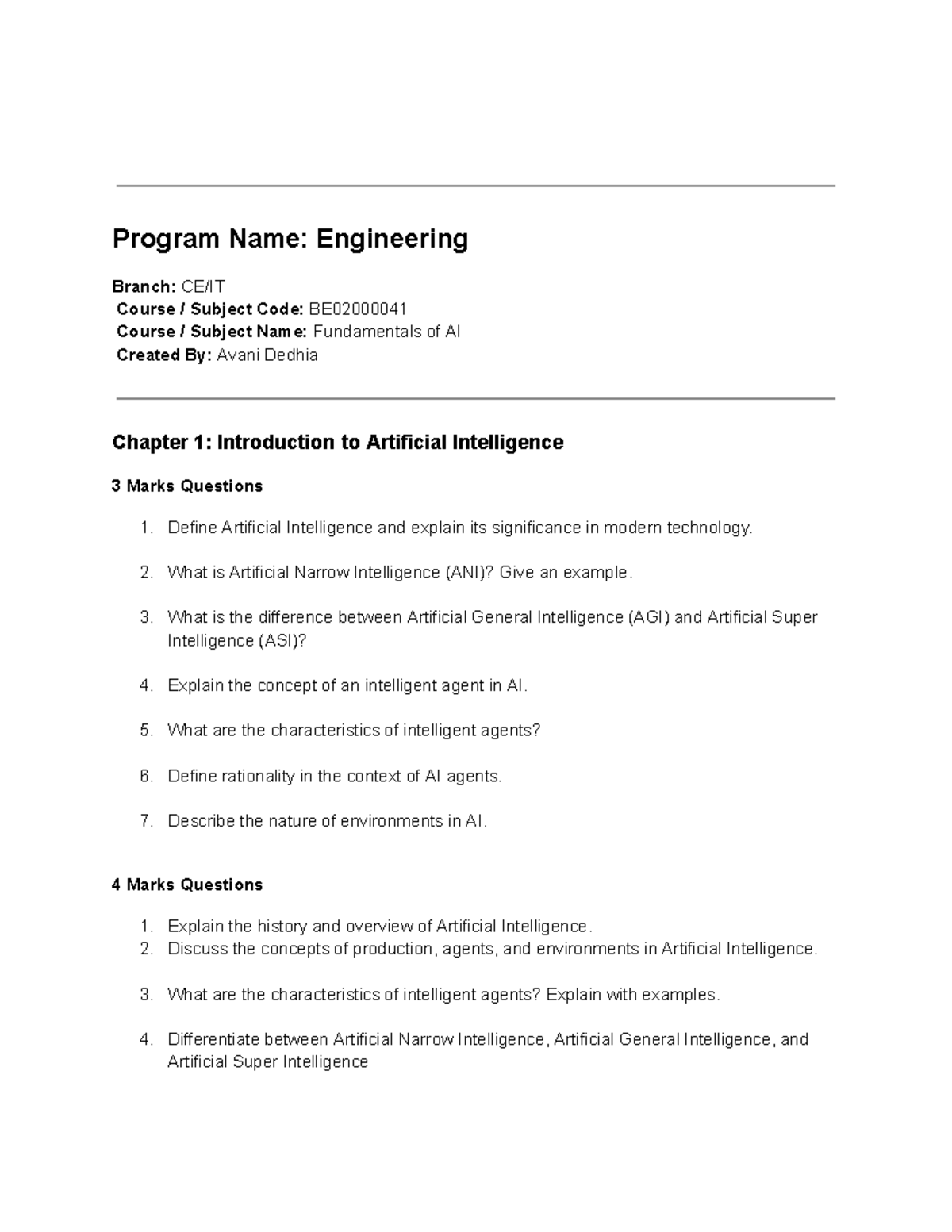 GTU Fundamentals of AI: Chapter-wise Question Breakdown - Studocu