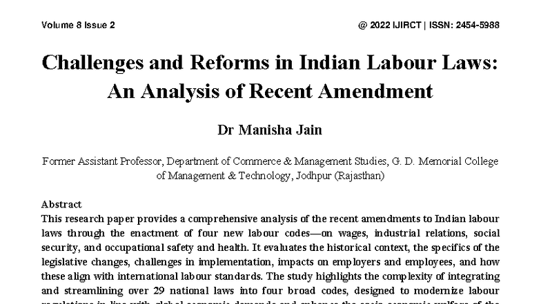 IJIRCT2407094: Challenges and Reforms in Indian Labour Laws - A 2022 ...