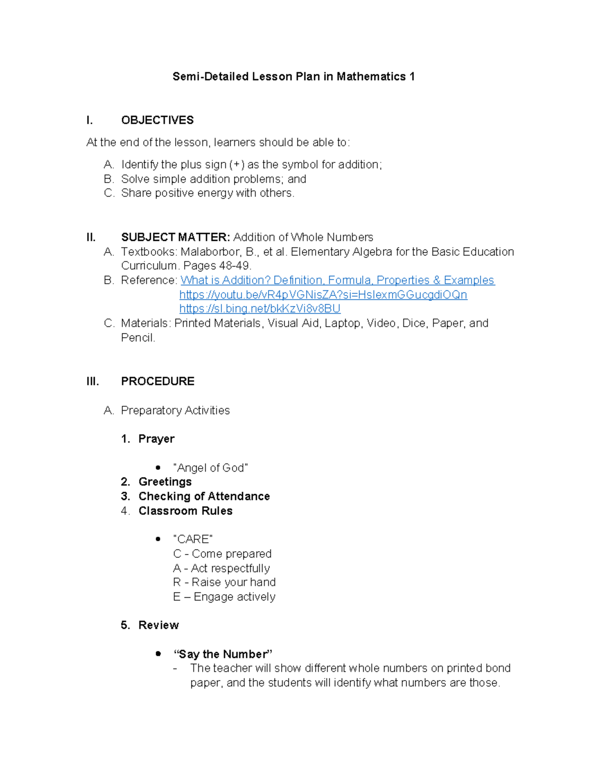 Semi-Detailed Lesson Plan in Math 1: Addition Concepts - Studocu