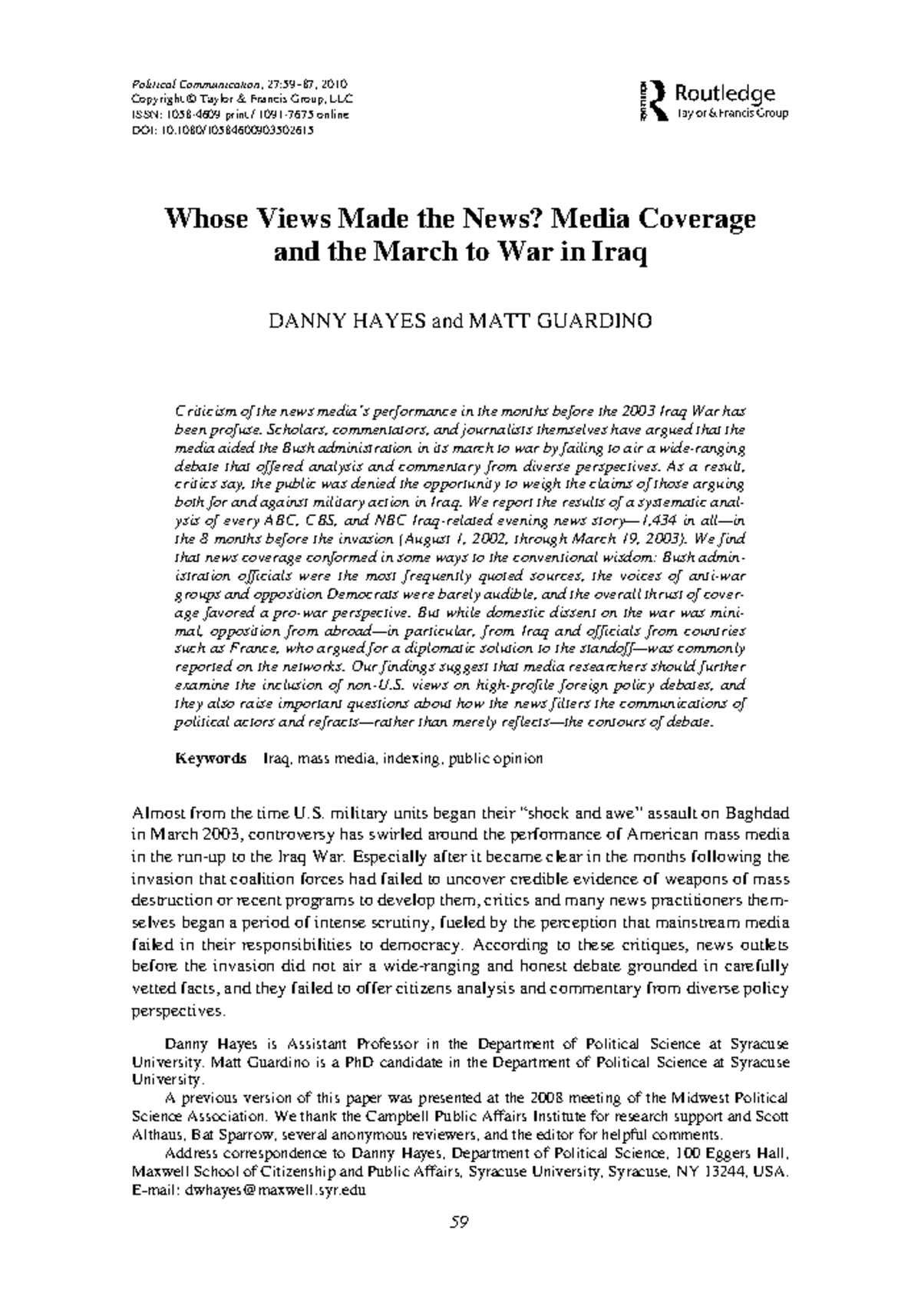 UPCP Political Communication: Analyzing Media Coverage Before the Iraq ...