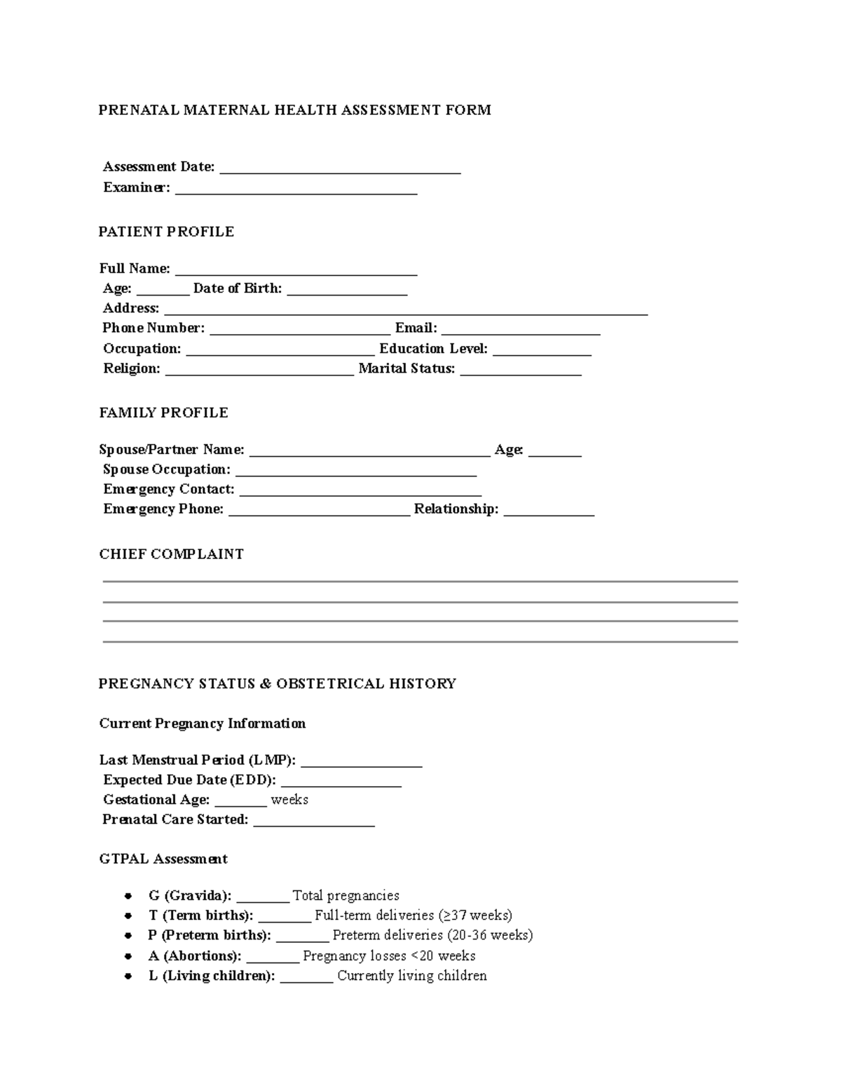 Prenatal Maternal Health Assessment Form - Patient Profile & Vital ...