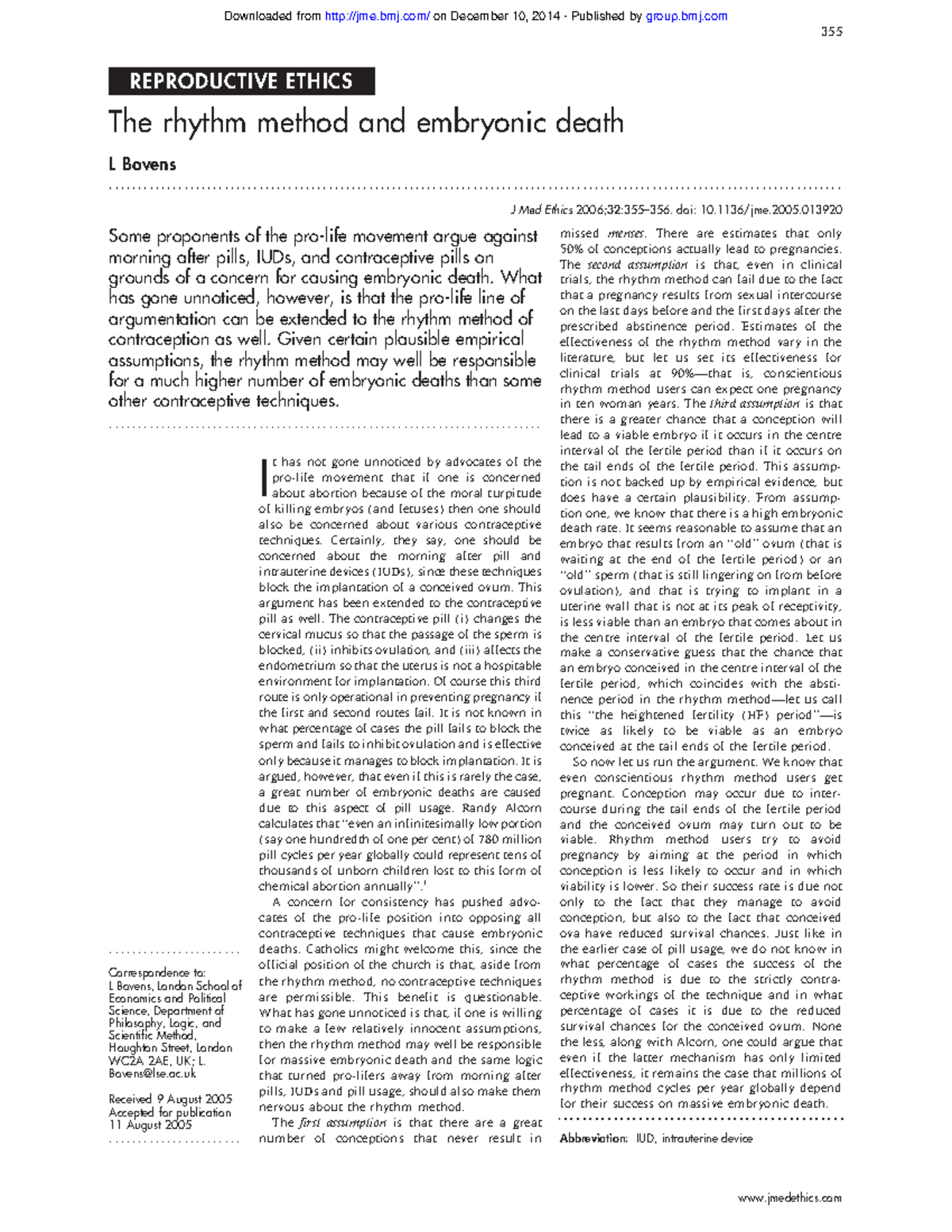 The Rhythm Method and Its Impact on Embryonic Death Rates (J Med Ethics ...