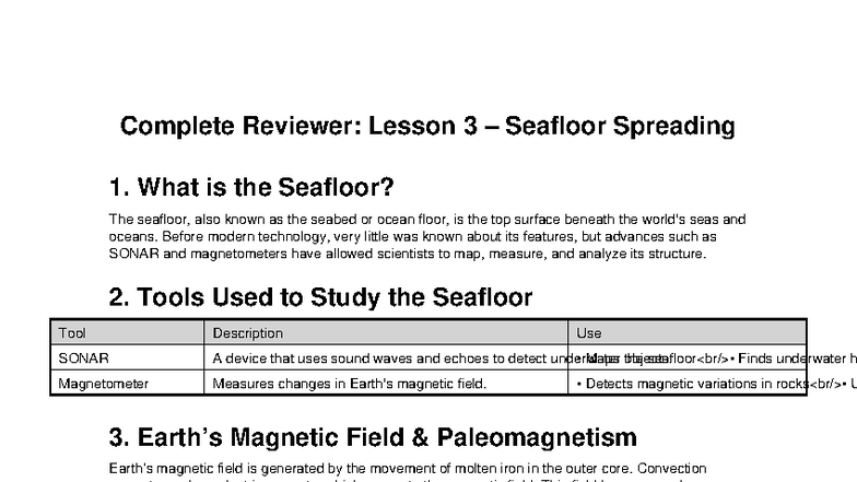 Seafloor Spreading: Lesson 3 Review for Earth Science 101 - Studocu