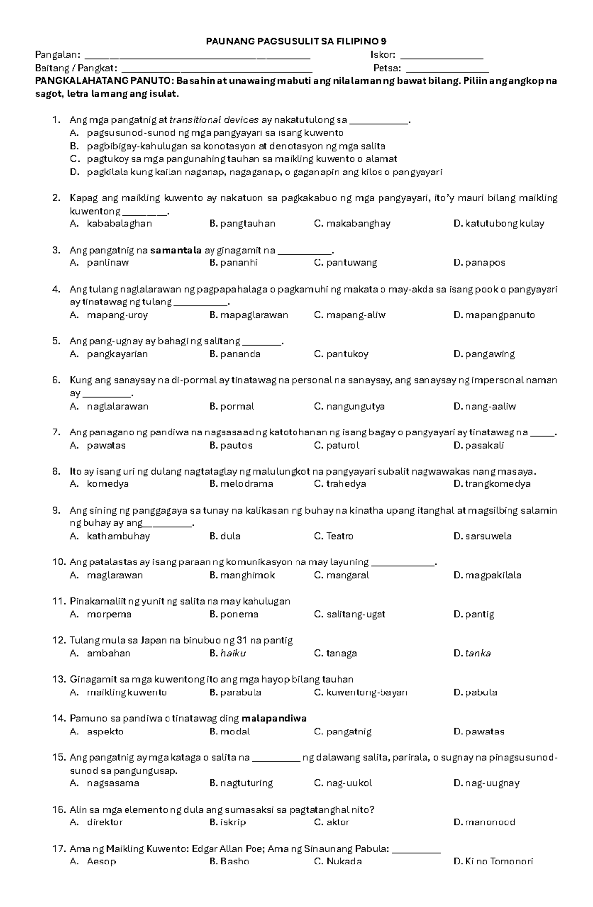 Paunang Pagsusulit sa Filipino 9: Pre-test for 9th Grade Students - Studocu