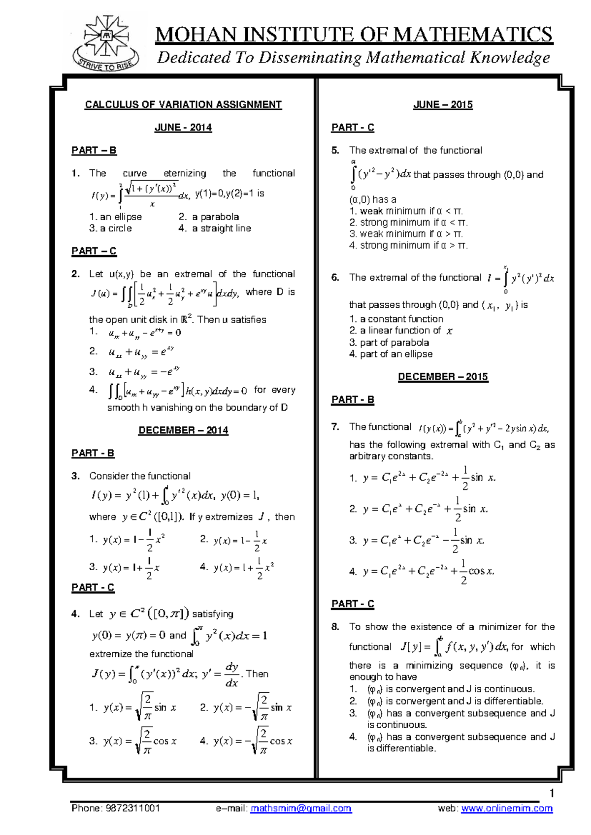 Calculus of Variation Assignment - MOHAN INSTITUTE OF MATHEMATICS (JUNE ...