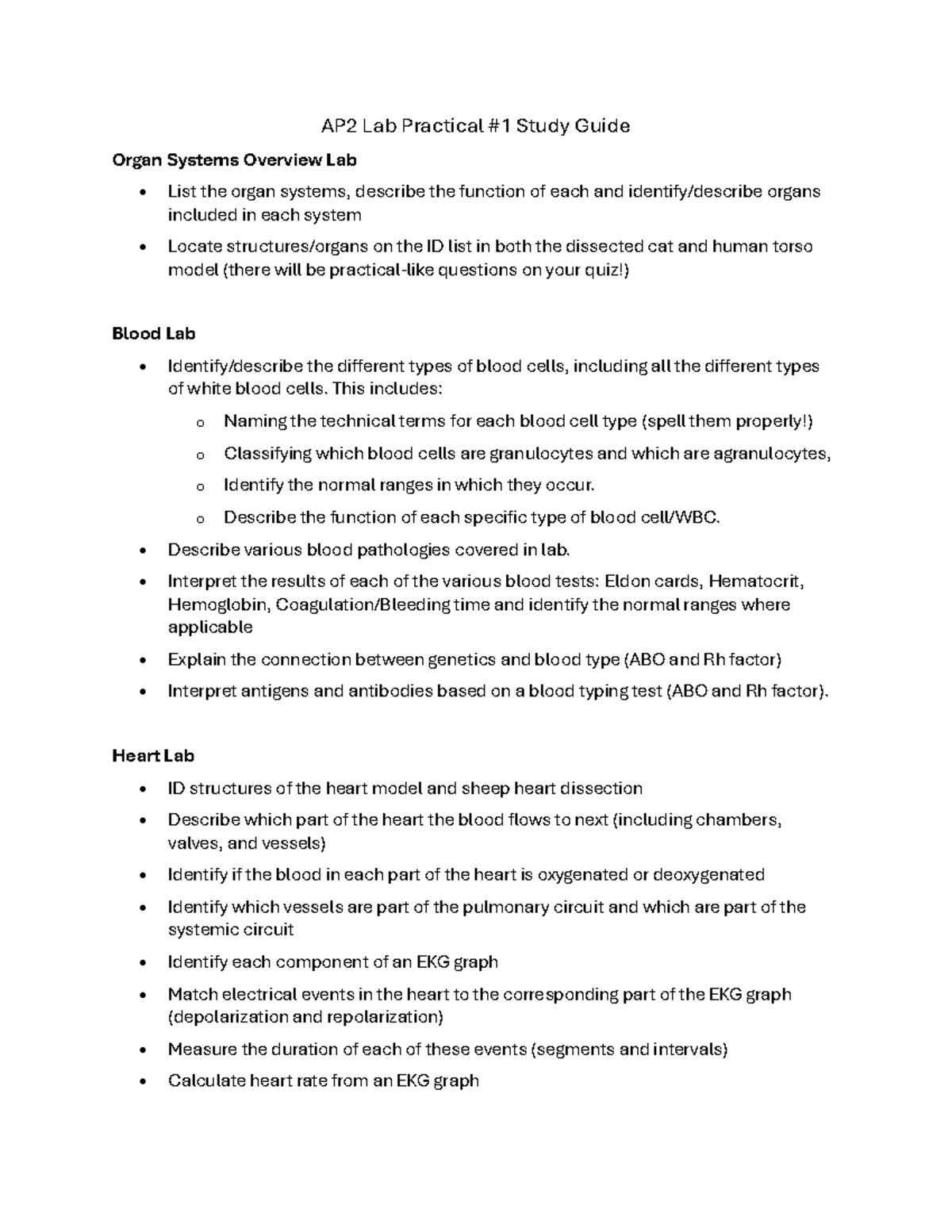 AP2 Lab Practical #1 Study Guide: Organ Systems & Blood Analysis - Studocu