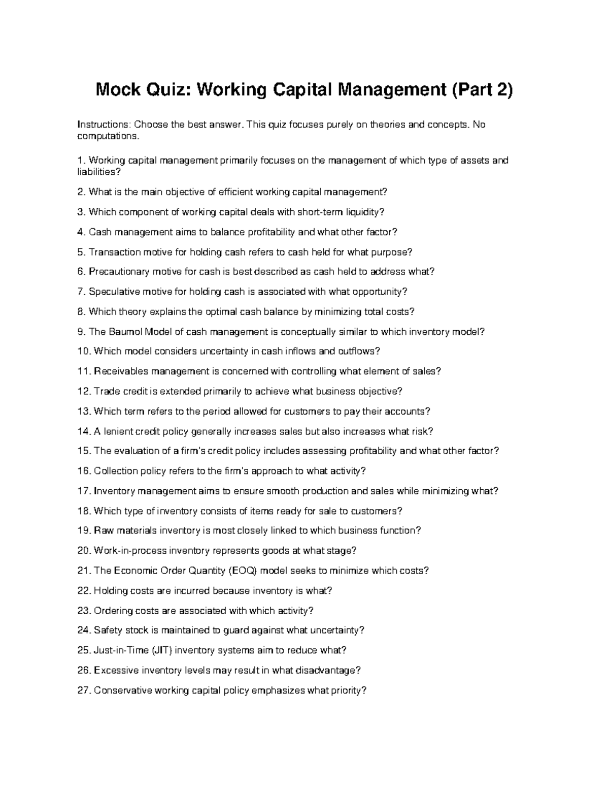 Mock Quiz: Working Capital Management (Part 2) Insights - Studocu