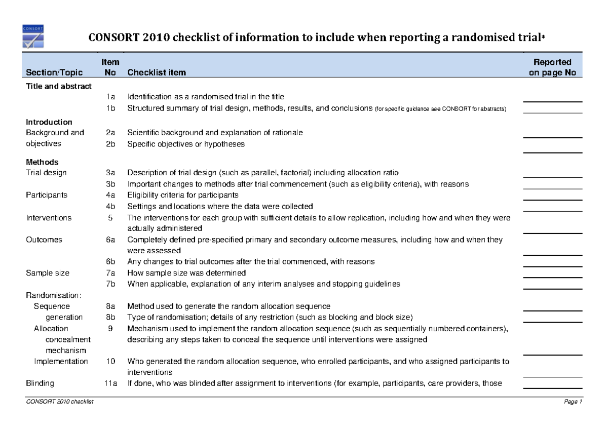 CONSORT 2010 Checklist for Reporting RCTs - Studocu
