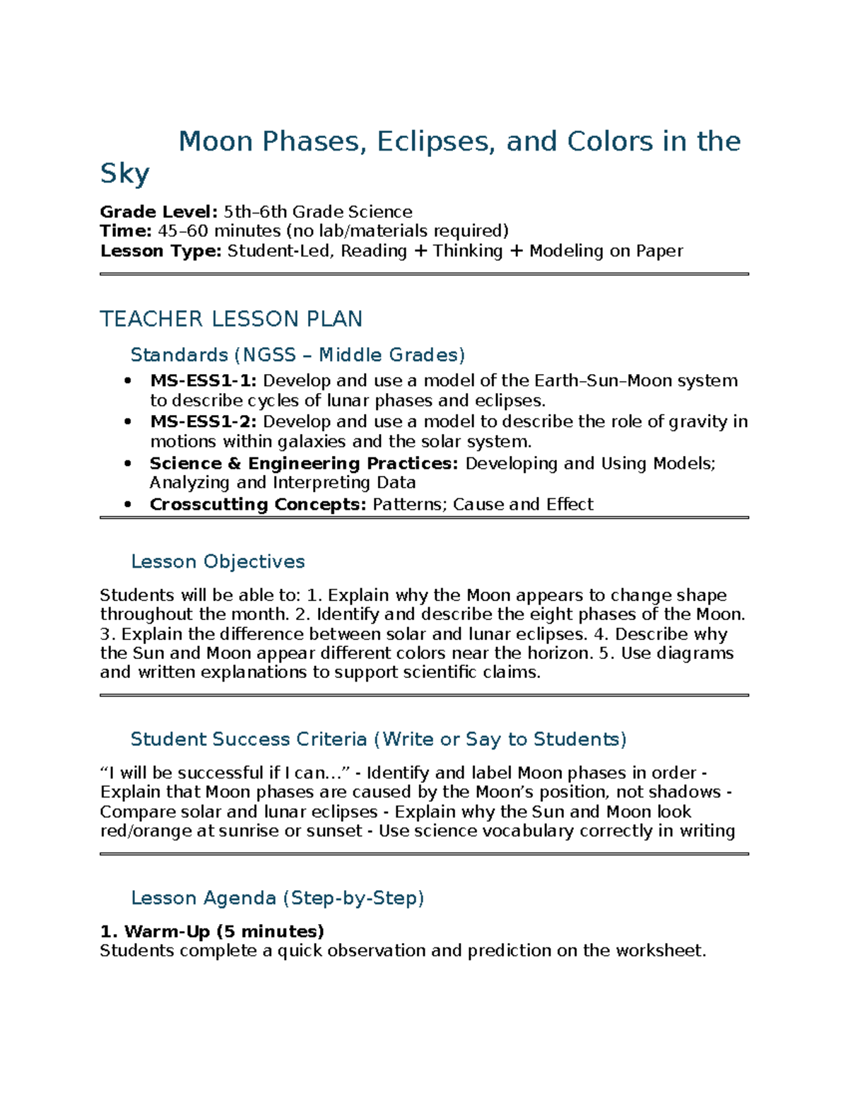 Moon Phases, Eclipses, and Sky Colors - Grade Science Lesson Plan - Studocu