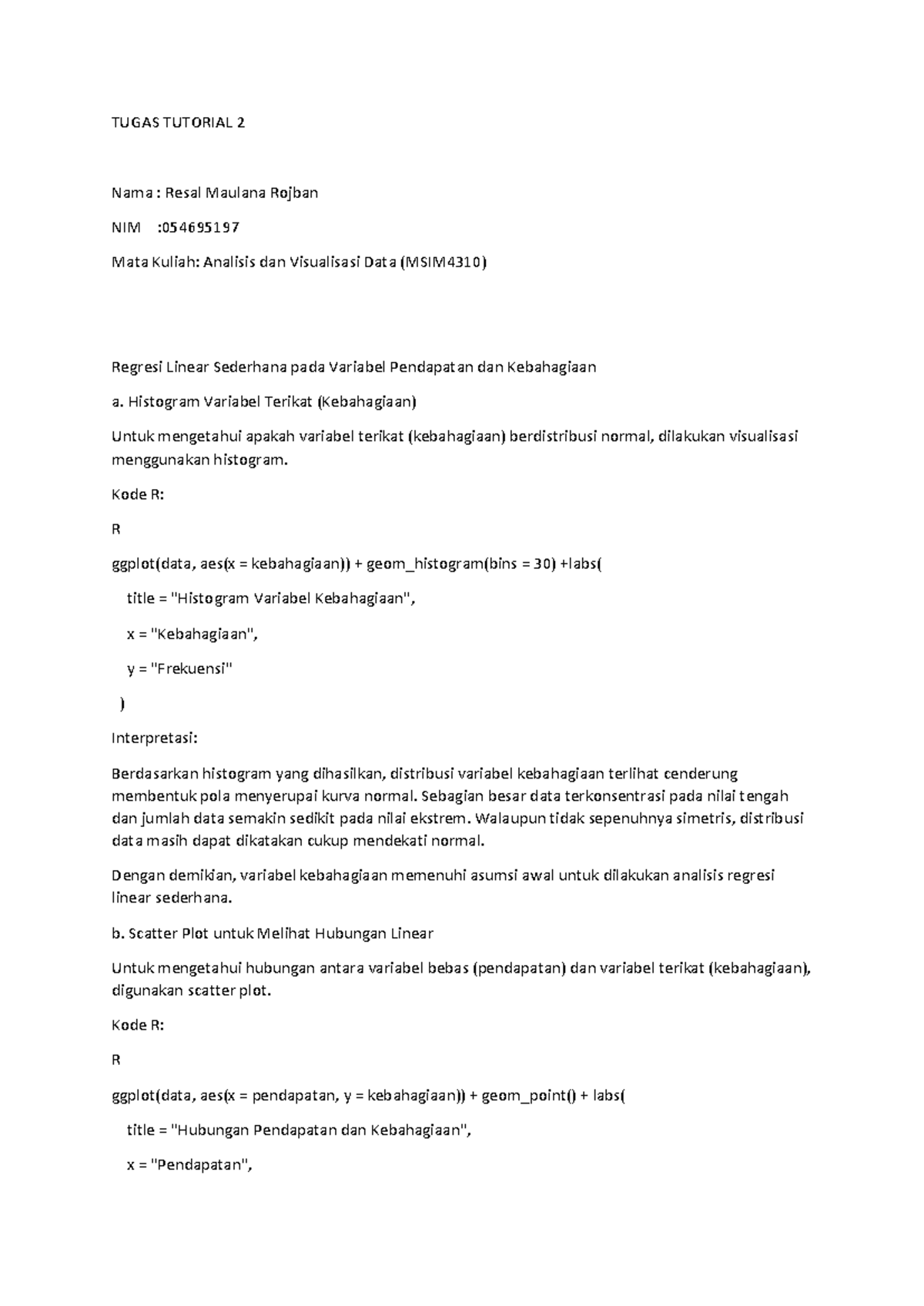 TUGAS 2: Analisis Regresi Linear Pendapatan & Kebahagiaan (MSIM4310 ...