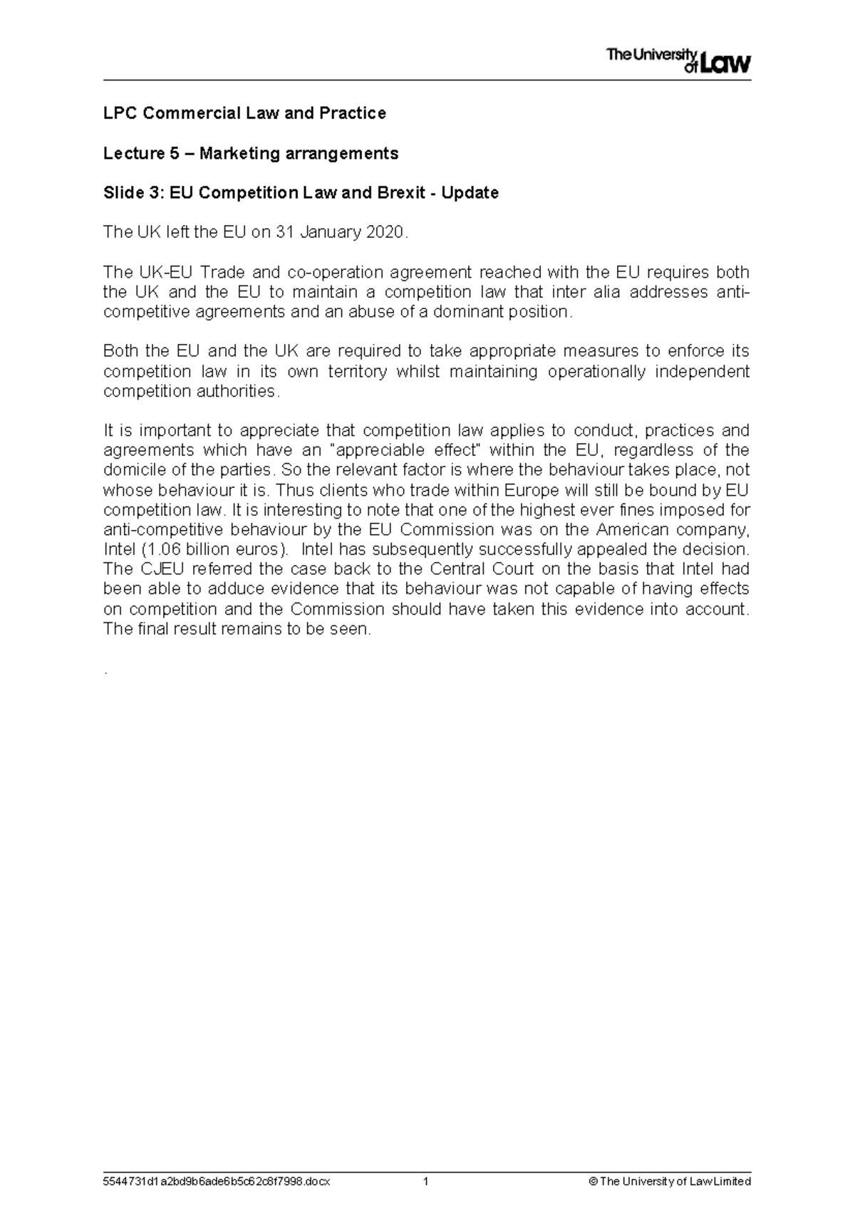 LPC 2425 Commercial Law Lecture 5: EU Competition Law & Brexit Update ...