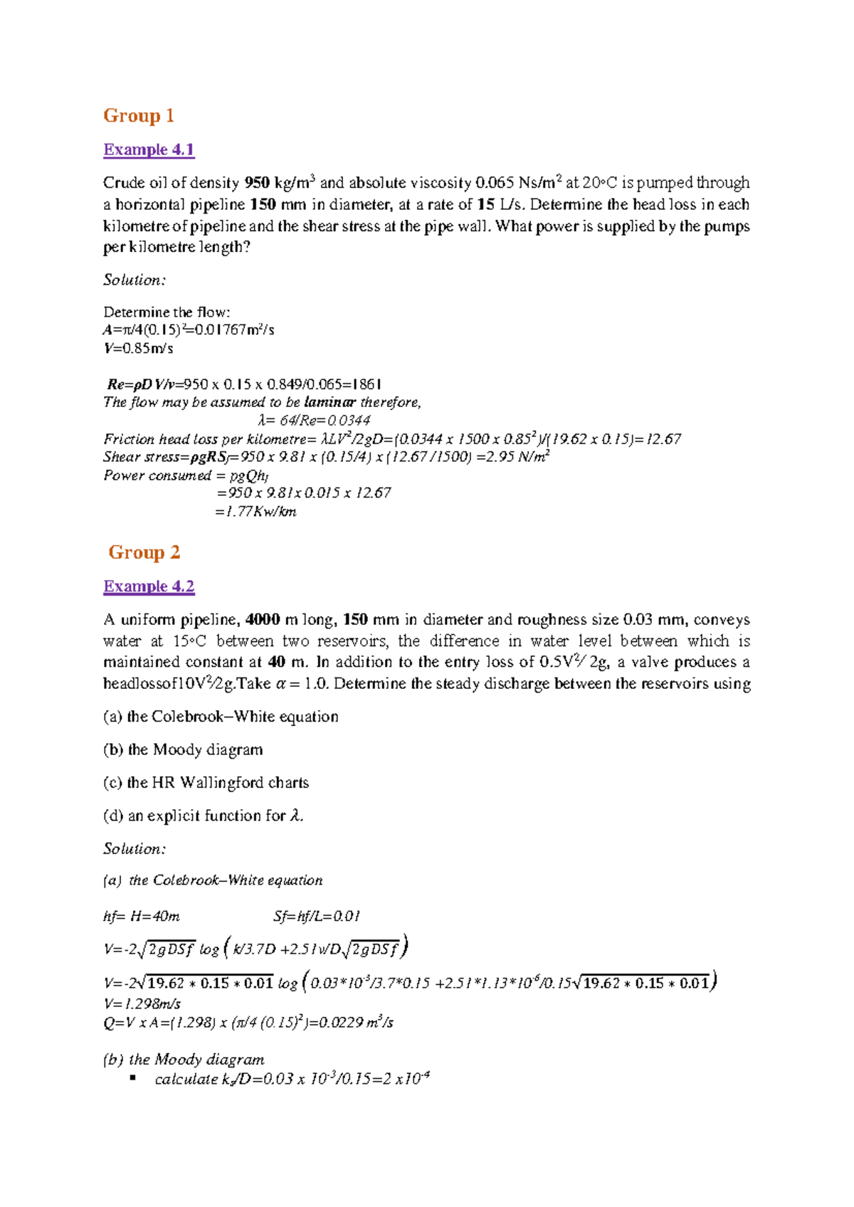 Hydraulics and Fluid Mechanics Example Problem Solutions (ENG 202) - Studocu