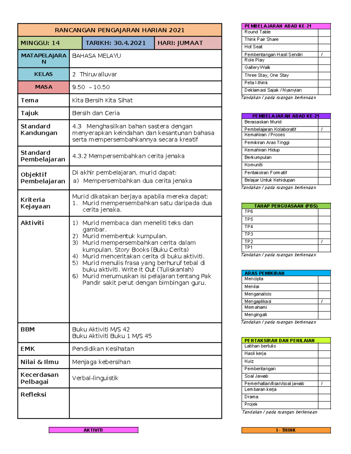 RPH Tahun 2 BM 6 - Lesson Plan - RANCANGAN PENGAJARAN HARIAN 2021 ...