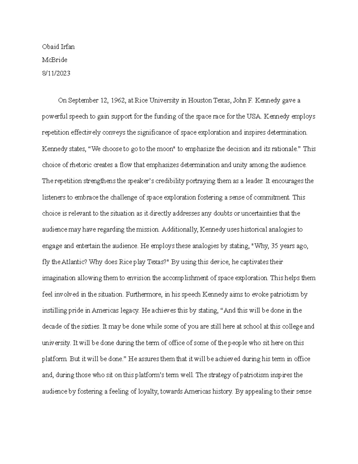 Kennedy's 1962 Space Race Speech Analysis - ESSAY - Studocu