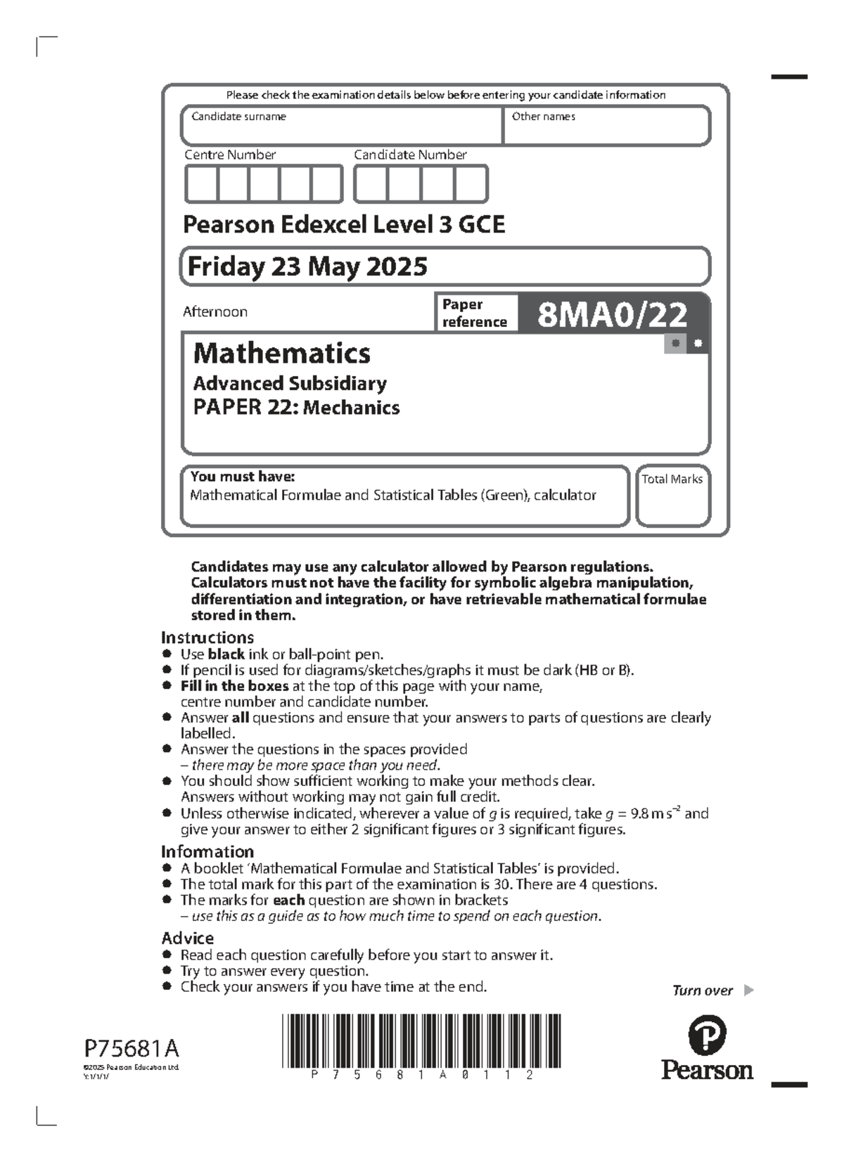 2506 8MA0-22 AS Mechanics Final Exam - June 2025 Details - Studocu