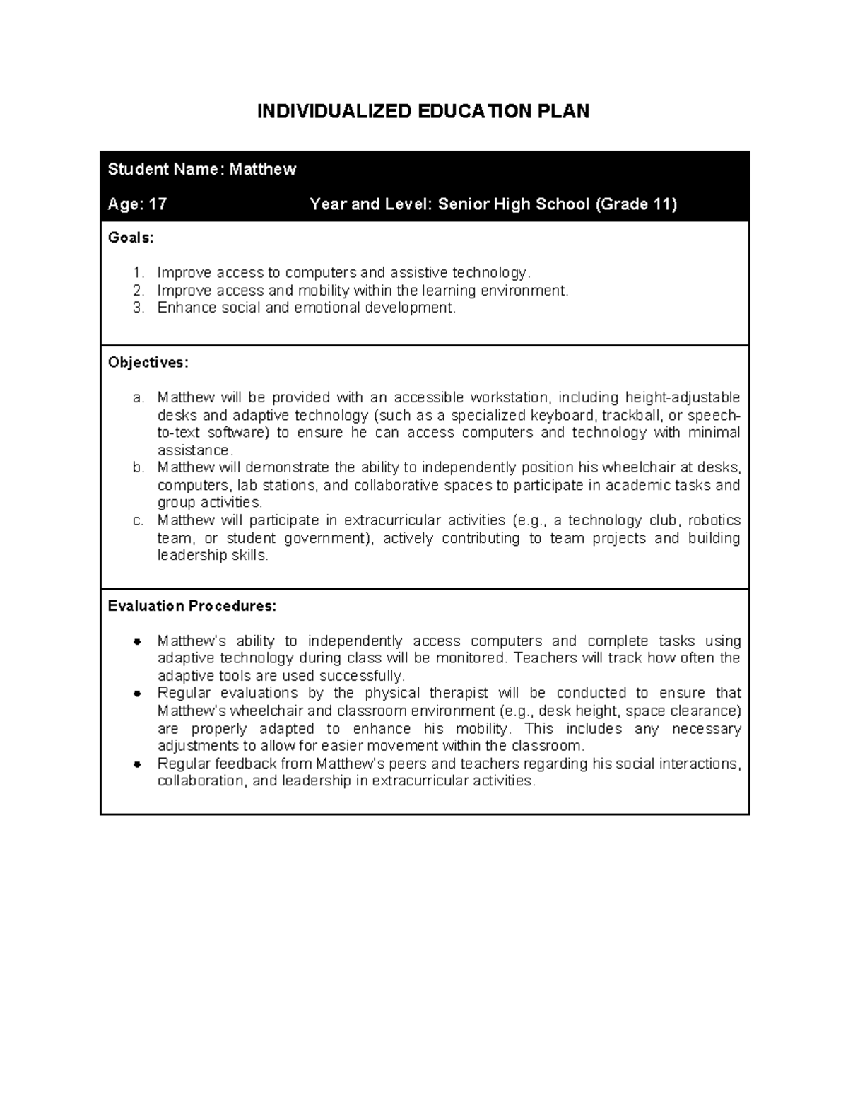 EDUC8 IEP (Matthew) - This is an example of an Individualized Education ...