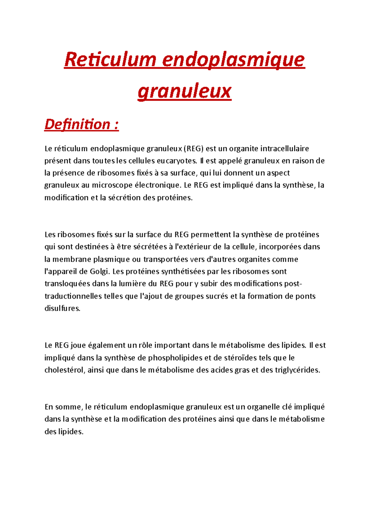 Étude sur le Réticulum Endoplasmique Granuleux (REG) : Structure et ...